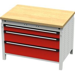 Otto Kind Breitfachwerkbank Typ 410, Buche Multiplexplatte, bis 1.200 kg, B 1152 x T 750 x H 850 mm, Stahl, Zentralverschluss, lichtgrau/feuerrot