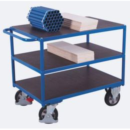 Sch&auml;fer Shop Schwerlast-Tischwagen, Stahl/Siebdruckplatte, Enzianblau/Dunkelbraun, 3 Etagen, L 1995 x B 800 mm, Vollgummi-Rollen mit EasySTOP, bis 1000 kg