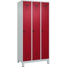 Kleiderspind C+P Evolo Plus, 3 Abteile, 300 mm Abteilbreite, mit F&uuml;&szlig;en, Drehriegel, B 900 x T 500 x H 1950 mm, lichtgrau/rubinrot