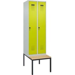 Kleiderspind C+P Evolo Plus, 2 Abteile mit je 300 mm Breite, Unterbau-Sitzbank, B 600 x T 815 x H 2120 mm, Drehriegel, lichtgrau/clowngr&uuml;n