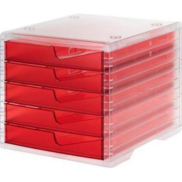 Schubladenbox Styro&reg; Styroswing light, 5 Sch&uuml;be, Auszugsperre & Griffmulde, stapelbar, B 270 x T 340 x H 255 mm, PolyStyrol, transparent-rot