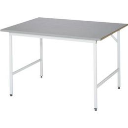 Rau Arbeitstisch Jerry, manuell h&ouml;henverstellbar, 25 mm MDF-Platte mit Edelstahlbelag, bis 300 kg, B 1250 x T 1000 x H 800-850 mm, silber/lichtgRau