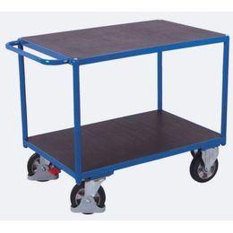 Schäfer Shop Schwerlast-Tischwagen, Stahl/Siebdruckplatte, Enzianblau/Dunkelbraun, 2 Etagen, L 1195 x B 800 mm, Vollgummi-Rollen mit EasySTOP, bis 1000 kg