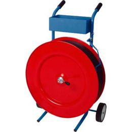 Abrollwagen, f&uuml;r Kunststoffband-Umreifungssystem, f&uuml;r PP-B&auml;nder mit B 13/16 mm & Kern-&Oslash; 406 mm, Ablagekasten, B&uuml;gelbremse, Stahlblech, rot-blau