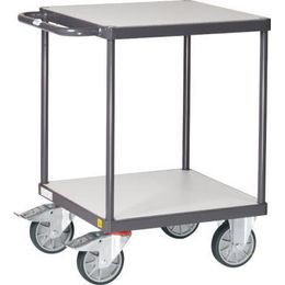 ESD-Tischwagen Fetra 9496, bis 500 kg, 2 Etagen mit Holzwerkstoffb&ouml;den, Ladefl&auml;che L 600 x B 600 mm, TPE-Bereifung, Schiebegriff, Stahl, schiefergrau
