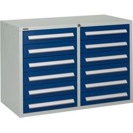 Sch&auml;fer Shop Sch&auml;fer Shop Select Schubladenschrank SF 120, 12 Sch&uuml;be mit Etikettenschildern, abschlie&szlig;bar, B 1055 x T 500 x H 723 mm, lichtgrau RAL 7035/enzianblau RAL 5010