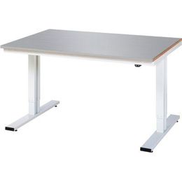 Rau Werktisch Adlatus, elektrisch h&ouml;henverstellbar, 25 mm MDF-Platte mit Edelstahlbelag, bis 300 kg, B 1500 x T 1000 x H 720-1120 mm, silber/lichtgRau