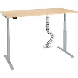 Schreibtisch, elektrisch h&ouml;henverstellbar, T-Fu&szlig;, H 620-1270 mm, Ahorn/wei&szlig;aluminium + Memory-Bedienelement und Gratis Kabelschlange Quadro