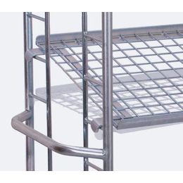 Etagenwagen, Stahl/Drahtgitter, silber, 4 Etagen, 1650 x 650 mm, 2 Stirnw&auml;nde mit Rundstahlverstrebung, EasySTOP, bis 400 kg