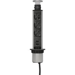 Fa.Brennenstuhl Brennenstuhl Tower Power Alu-Tischsteckdosenleiste, 3 Schutzkontaktstecker in 45&deg;-Anordnung, 2 USB Stecker, versenkbar, 2 m Kabel, L 335 x B 85 x T 120 mm, silber/schwarz