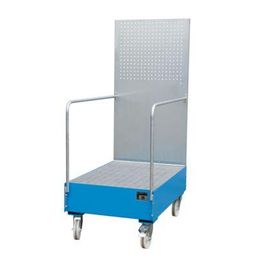 Fahrbare Auffangwanne mit Lochplattenwand, aus Stahl, Kapazit&auml;t 2 x 200-Liter F&auml;sser, blau lackiert