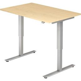 Schreibtisch ULM, elektrisch h&ouml;henverstellbar, Rechteck, T-Fu&szlig;, B 1200 x T 800 x H 720-1190 mm, Ahorn/alusilber + Kabelwanne