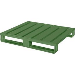 Stahlflachpalette, bis 1500 kg, geschlossenes Oberdeck, 2 Stahlkufen, L 1000 x B 800 x H 130 mm, Stahl, Resedagr&uuml;n RAL 6011