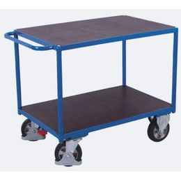 Sch&auml;fer Shop Schwerlast-Tischwagen, Stahl/Siebdruckplatte, Enzianblau/Dunkelbraun, 2 Etagen, L 1995 x B 800 mm, Vollgummi-Rollen mit EasySTOP, bis 1000 kg