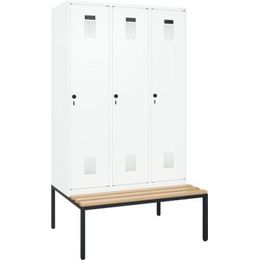 Kleiderspind C+P Evolo Plus, 3 Abteile, 400 mm Abteilbreite, mit untergebauter Sitzbank, B 1200 x T 815 x H 2120 mm, Drehriegel, verkehrswei&szlig;/verkehrswei&szlig;