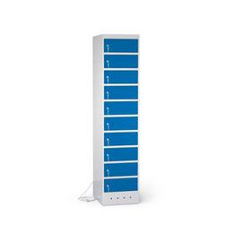 Laptopschrank mit Ladefunktion, 10 Abteile mit Zylinderschloss, Stahlblech lichtgrau RAL 7035/enzianblau RAL 5010