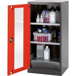 Chemikalienschrank ASECOS CS-CLASSIC-G, Fl&uuml;gelt&uuml;r und Glasausschnitt, 2 B&ouml;den, H 1105 mm, verkehrsrot