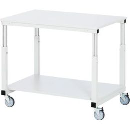 Rau Tischwagen Serie E, 2 Etagen, Melaminplatten, Stahlrohr-Gestell, 4 TPE-Lenkrollen, B 1000 x T 700 x H 650-1000 mm, bis 450 kg, lichtgRau