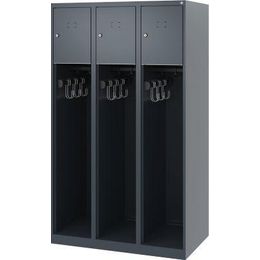 Feuerwehrspind C+P Evolo Youngster, 3 Abteile, ohne Helmhalter, Bodengleiter, B 900 x T 500 x H 1530 mm, RAL 7016 Anthrazitgrau