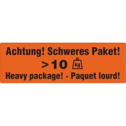 Warnetiketten &bdquo;Achtung! Schweres Paket >10 KG&ldquo;, 3-sprachig, 148 x 48 mm, perforiert, Haftpapier, leuchtrot mit schwarzem Aufdruck, 1 Rolle mit 500 St&uuml;ck