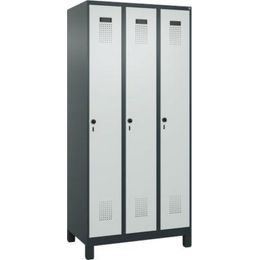 Kleiderspind C+P Evolo Plus, 3 Abteile, 300 mm Abteilbreite, mit F&uuml;&szlig;en, Drehriegel, B 900 x T 500 x H 1950 mm, anthrazitgrau/lichtgrau