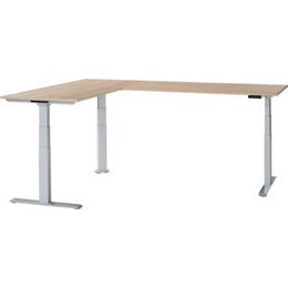 Sch&auml;fer Shop Sch&auml;fer Shop Genius Winkelschreibtisch Modena Flex, elektrisch h&ouml;henverstellbar, 90&deg; Winkel beidseitig, B 2000 x T 2400 mm, Eiche/wei&szlig;aluminium