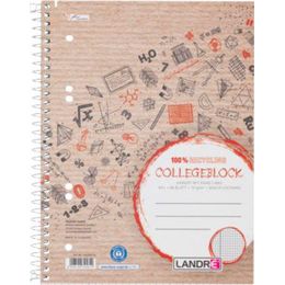 Collegeblock Herlitz Recycling, 80 Blatt, DIN A5+, 70 g/m&sup2;, 6-fach gelocht, Spiralbindung, OPTIK PAPER&reg;, kariert, Rand links, mehrfarbig