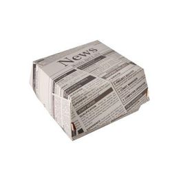 Burgerboxen Papstar Newsprint, mit Klappdeckel, L 125 x B 125 x H 70 mm, FSC&reg;-Frischfaserkarton, grau-schwarz, 50 St&uuml;ck