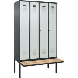 Kleiderspind C+P Evolo Plus, 4 Abteile &agrave; 300 mm Breite, schwebende Sitzbank, B 1200 x T 815 x H 2120 mm, Zylinder, anthrazitgrau/lichtgrau