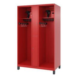 Feuerwehrspind C+P Evolo Maxi, 4 Abteile f&uuml;r 2 Personen, mit Helmhalter, mit F&uuml;&szlig;en, B 1200 x T 600 x H 1950 mm, RAL 3000 Feuerrot/RAL 7021 Schwarzgrau