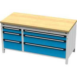 Otto Kind Breitfachwerkbank Typ 420, b&uuml;ndig, Buche Multiplexplatte, bis 1400 kg, B 1697 x T 750 x H 850 mm, Stahl, Zentralverschluss, lichtgrau/lichtblau