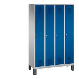 Garderobenspind Evolo S 3000, Stahl, mit F&uuml;&szlig;en, 4 Abteile mit jeweils B 300 mm, Zylinderschloss, wei&szlig;aluminium RAL 9006/enzianblau RAL 5010