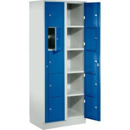 Verteilerschrank, mit Zentralt&uuml;r, Abteilbreite innen 350 mm, Breite 700 mm, 10 F&auml;cher, enzianblau
