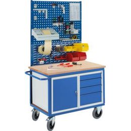ROLLCART Werkbankwagen Profi, 1 Schrank, 4 Schubladen, 2 Lochmodulplatten, 1 Schlitzmodulplatte