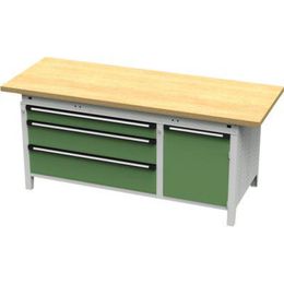 Otto Kind Breitfachwerkbank Typ 435, Buche Multiplexplatte, &uuml;berstehend, bis 1400 kg, B 2004 x T 750 x H 850 mm, Stahl, Zentralverschluss, lichtgrau/resedagr&uuml;n