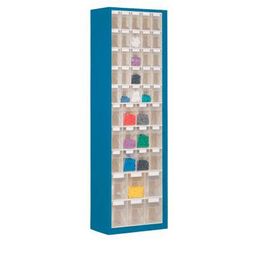Magazinschrank, Volumen 333 l, 43 herausnehmbare Klappk&auml;sten mit Griffmulde, B 665 x T 250 x H 2000 mm, enzianblau/transparent