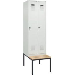 Kleiderspind C+P Evolo Plus, 2 Abteile mit je 300 mm Breite, Unterbau-Sitzbank, B 600 x T 815 x H 2120 mm, Drehriegel, lichtgrau/lichtgrau
