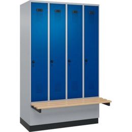 Kleiderspind C+P Evolo Plus, 4 Abteile &agrave; 300 mm Breite, Sockel, schwebende Sitzbank, B 1200 x T 815 x H 1950 mm, Drehriegel, wei&szlig;aluminium/enzianblau