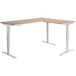Sch&auml;fer Shop Winkelschreibtisch AERO FLEX, elektrisch h&ouml;henverstellbar, 90&deg; Winkel, T-Fu&szlig;, B 2000 x T 1600 mm, Eiche/wei&szlig;alu + Memorypanel