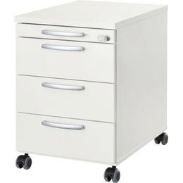 Rollcontainer 1333, 3 Sch&uuml;be & 1 Utensilienauszug, abschlie&szlig;bar, runde Griffe, Holz/Stahl/Kunststoff, B 434 x T 800 x H 613 mm, wei&szlig;