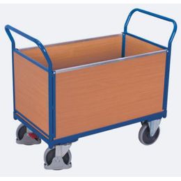 Schäfer Shop Vierwandwagen, Stahl/MDF-Platte, Enzianblau/Buche-Dekor, L 1200 x B 750 mm, herausnehmbare Längswände, TPE-Rollen mit EasySTOP, bis 500 kg