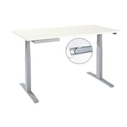 Schreibtisch, elektrisch höhenverstellbar, T-Fuß, B 1600 x T 800 x H 645-1290 mm, weiß/weißaluminium + Kabelkanal, Zubehörschublade