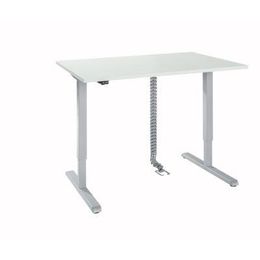 Schreibtisch, elektrisch h&ouml;henverstellbar, inkl. Kabelkette & Kabelkanal, Rechteck, T-Fu&szlig;, B 1200 x T 800 x H 715-1205 mm, lichtgrau/wei&szlig;aluminium