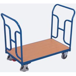 Sch&auml;fer Shop Doppel-Schiebeb&uuml;gelwagen, Stahl/MDF-Platte, Enzianblau/Buche-Dekor, L 850 x B 500 mm, mit gebogenen Rohren, TPE-Rollen mit EasySTOP, bis 250 kg