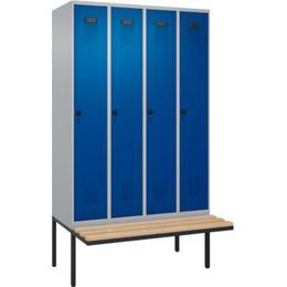 Kleiderspind C+P Evolo Plus, 4 Abteile &agrave; 300 mm Breite, schwebende Sitzbank, B 1200 x T 815 x H 2120 mm, Drehriegel, wei&szlig;aluminium/enzianblau