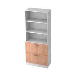 Regalschrank TARVIS, 5 OH, 2 HR-Ausz&uuml;ge, 60 kg, abschlie&szlig;b., 2 Fachb&ouml;den, B 800 x T 420 x H 2004 mm, wei&szlig;/Nussb.-Dekor