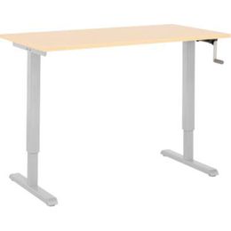 Home-Office-Schreibtisch Multiflex, manuell h&ouml;henverstellbar mit Kurbel, B 1300 x T 650 x H 700-1180 mm, Ahorn/wei&szlig;alu