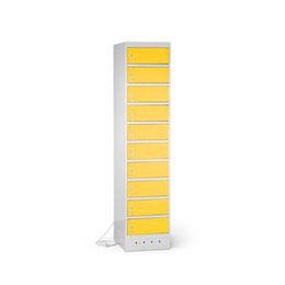 Laptopschrank mit Ladefunktion, 10 Abteile mit Zylinderschloss, Stahlblech lichtgrau RAL 7035/verk.gelb RAL 1023