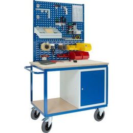 ROLLCART Profi-Werkbankwagen mit Schrank, 2x Lochmodulplatte, 1x Schlitzmodulplatte 1250x700x1990mm