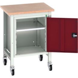 Mobile Werkbank Bott verso, Multiplex-Platte, 1 T&uuml;r & 1 Ablageboden, Rollen, B 700 x T 600 x H 930 mm, RAL 7035 Lichtgrau / Purpurrot